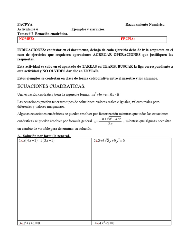Actividad 6 Temas 7 Función Cuadrática Enero 2024 | PDF | Ecuación cuadrática | Ecuaciones