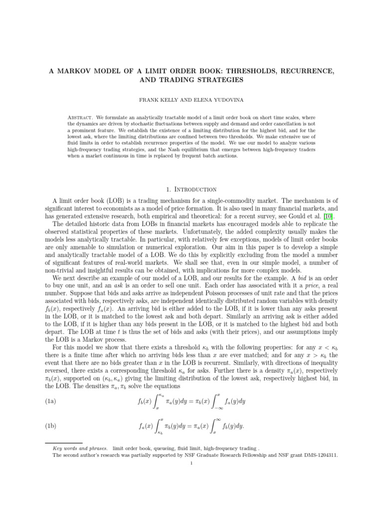 A Markov Model of A Limit Order Book: Thresholds, Recurrence, and Trading Strategies | PDF ...