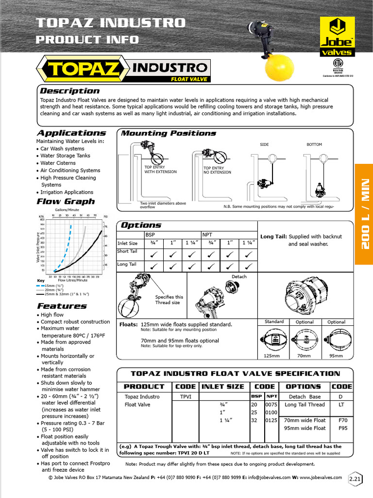 Jobe Float Valves | PDF | Valve | Chemical Engineering