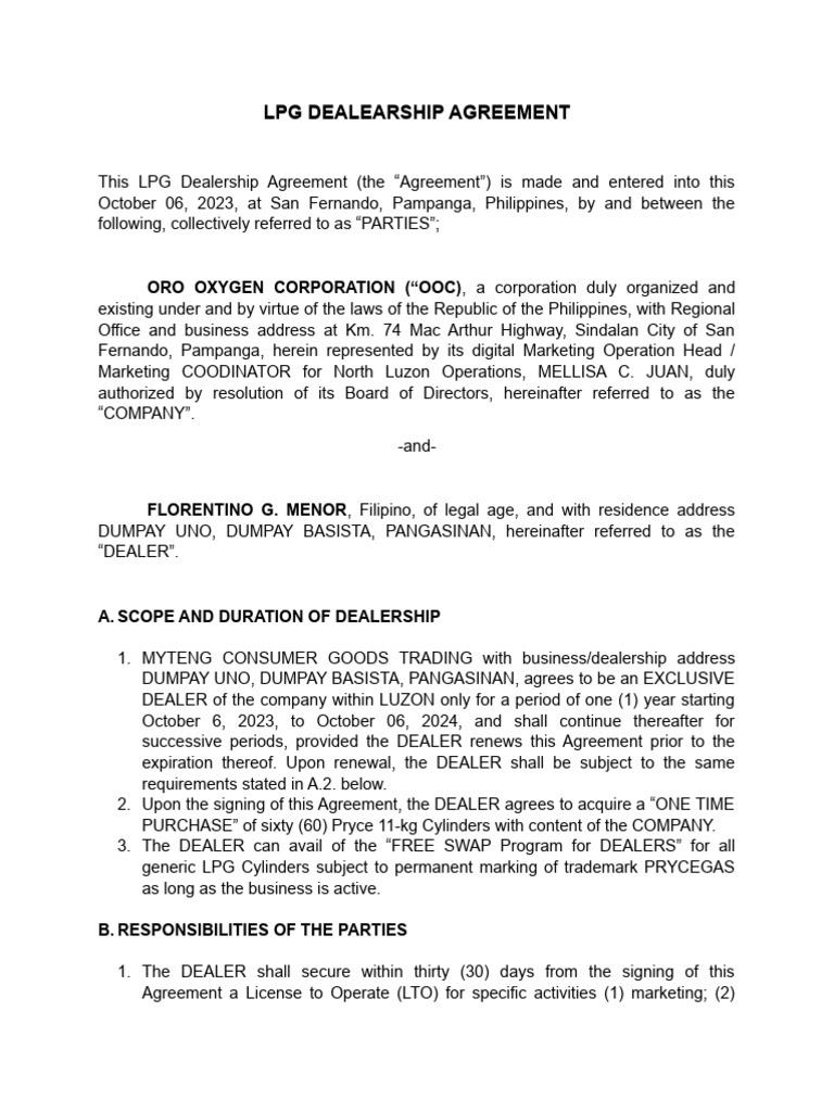LPG Dealearship Agreement | Download Free PDF | Private Law | Business Law