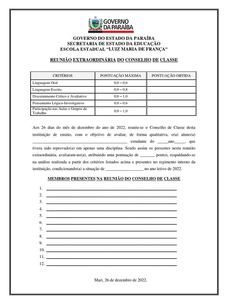 Ficha para o Conselho de Classe | PDF