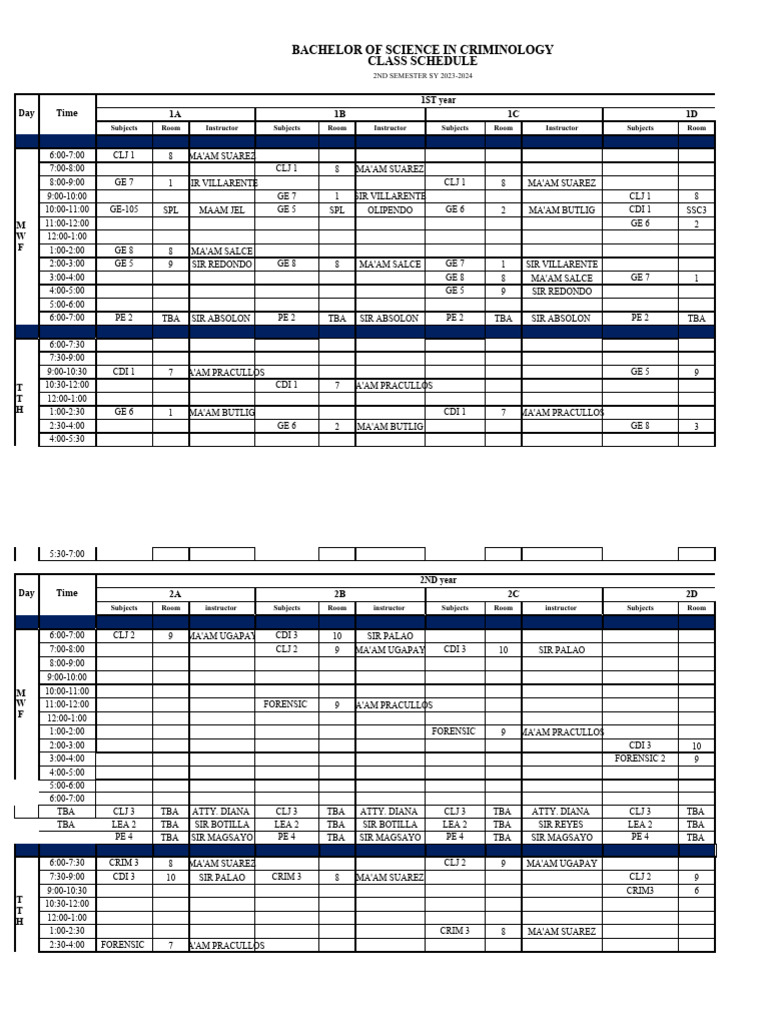 BS Crim Class Schedule Second Sem | PDF