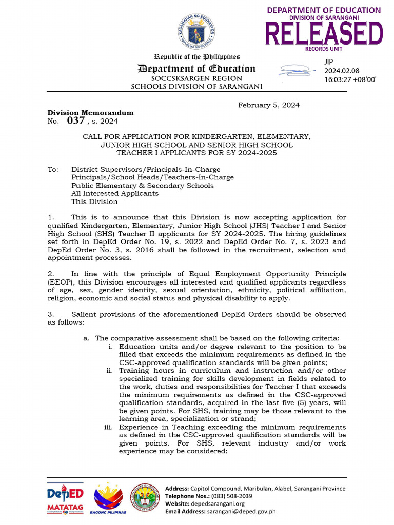 DM 037 2024 Call For Application For Kindergarten Elementary Junior High School and Senior High ...