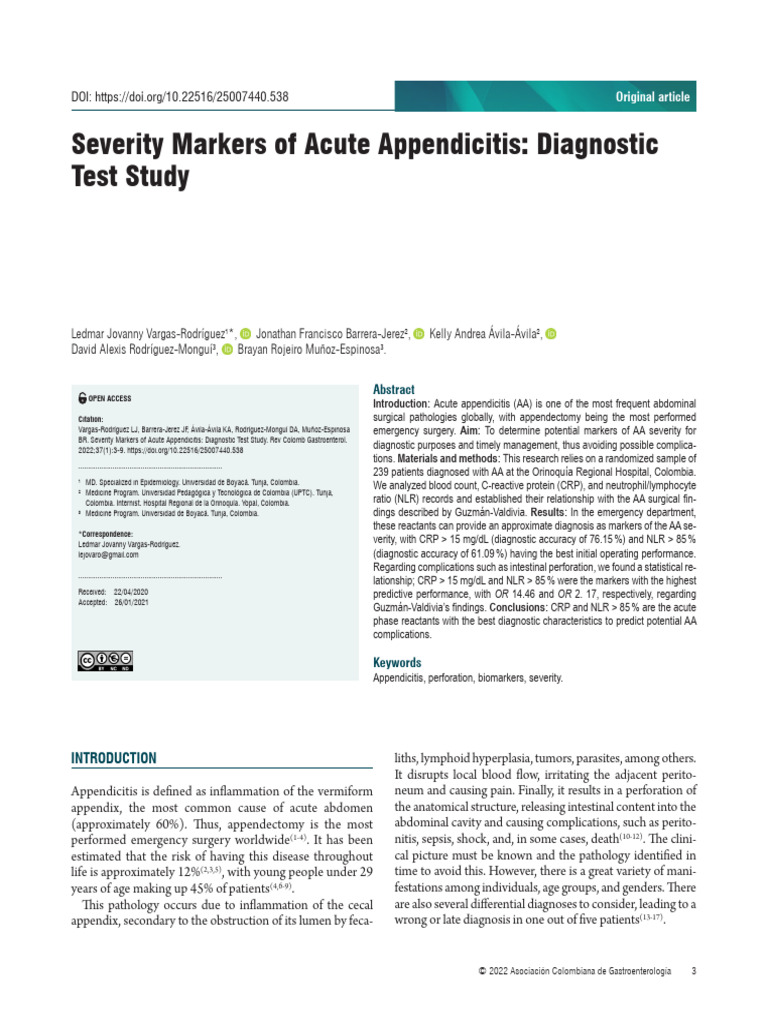 Severity Markers of Acute Appendicitis: Diagnostic Test Study | PDF ...