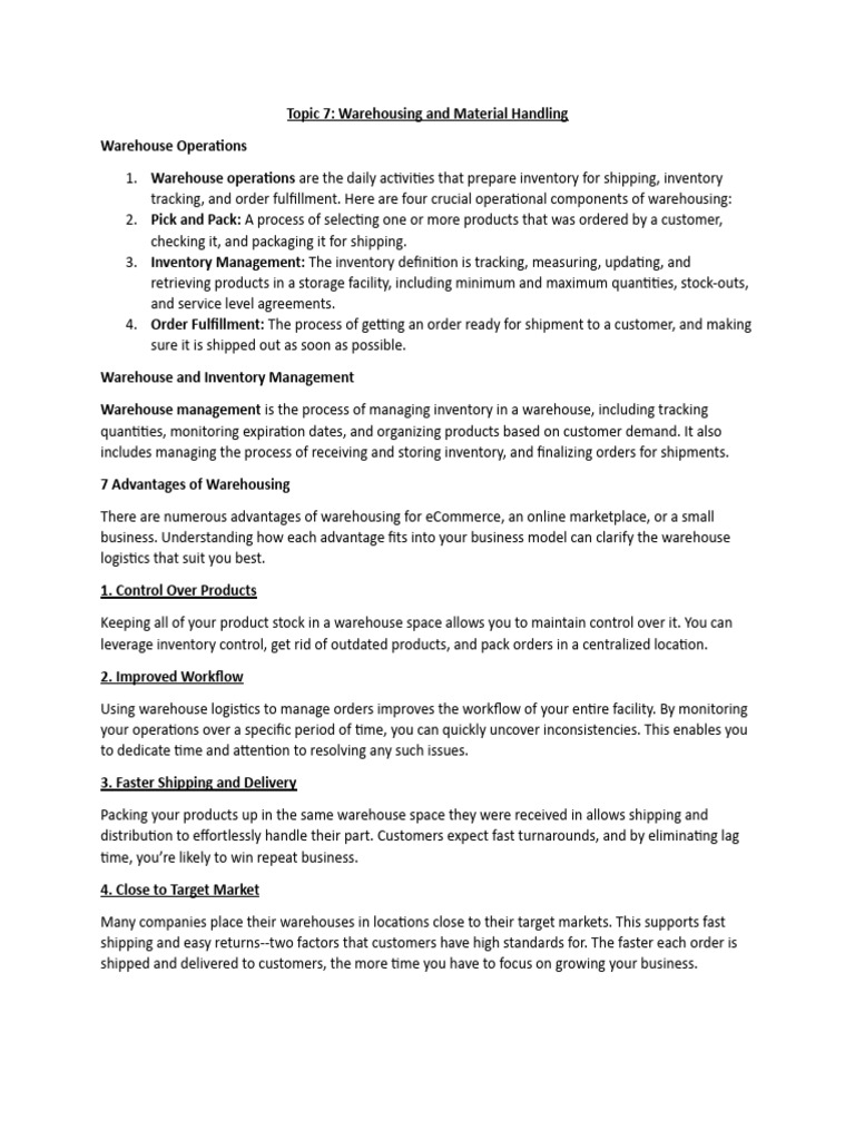 Topic 7 - Warehousing and Material Handling | PDF | Warehouse | Logistics