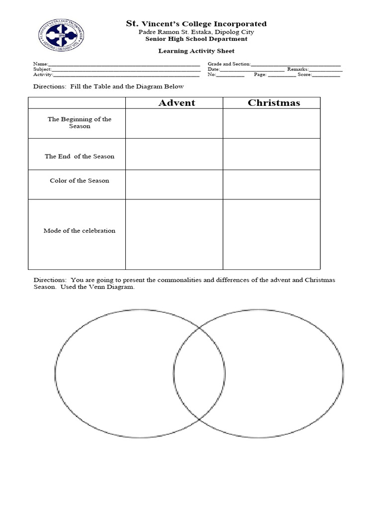 Advent vs. Christmas Activity Sheet | PDF