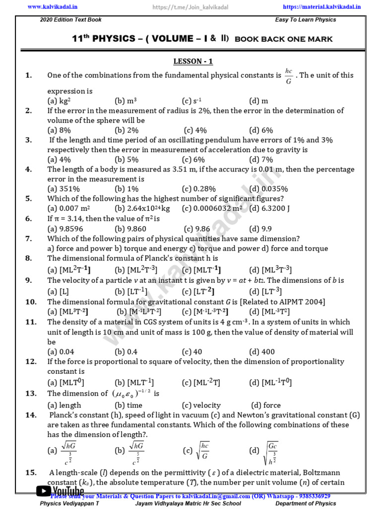 11th Physics All Book Back One Marks (EM) 1 | PDF | Gases | Force