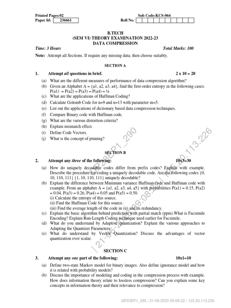 Btech Cs 6 Sem Data Compression Kcs 064 2023 | PDF | Data Compression | Code
