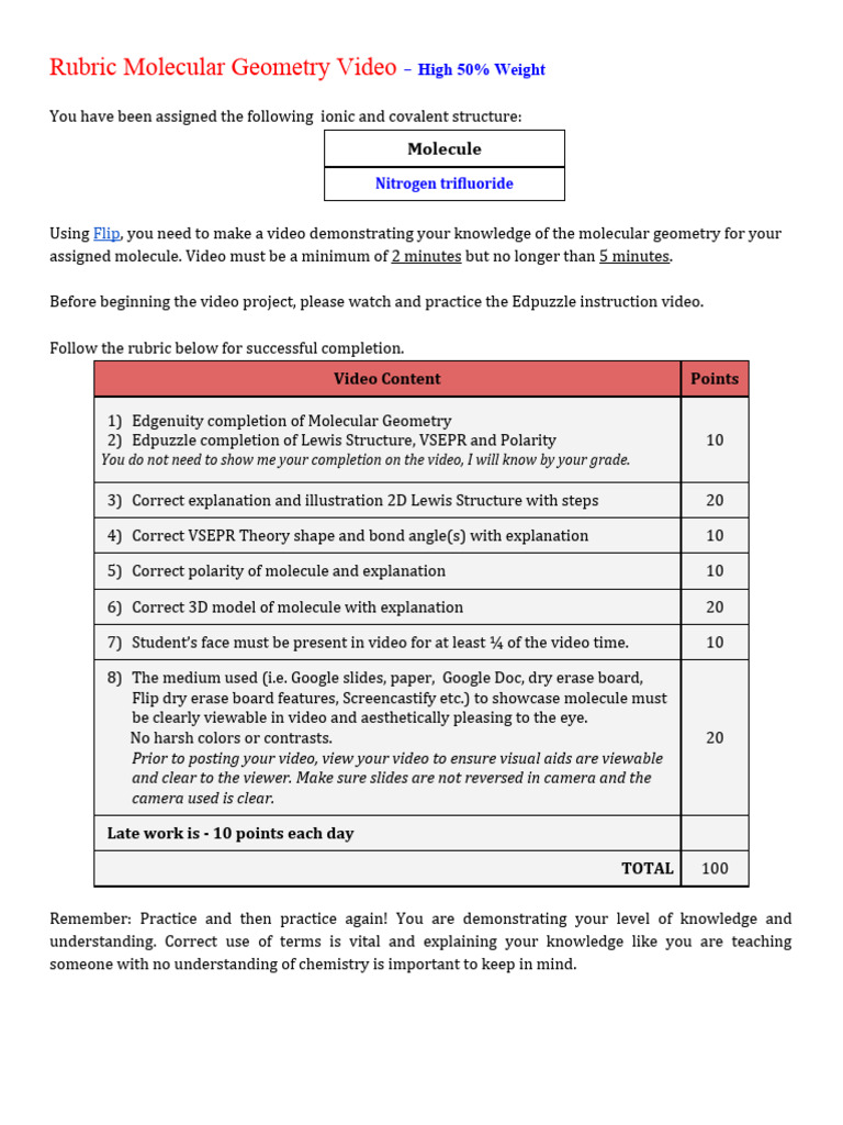 01 Rubric Video Molecular Geometry | PDF