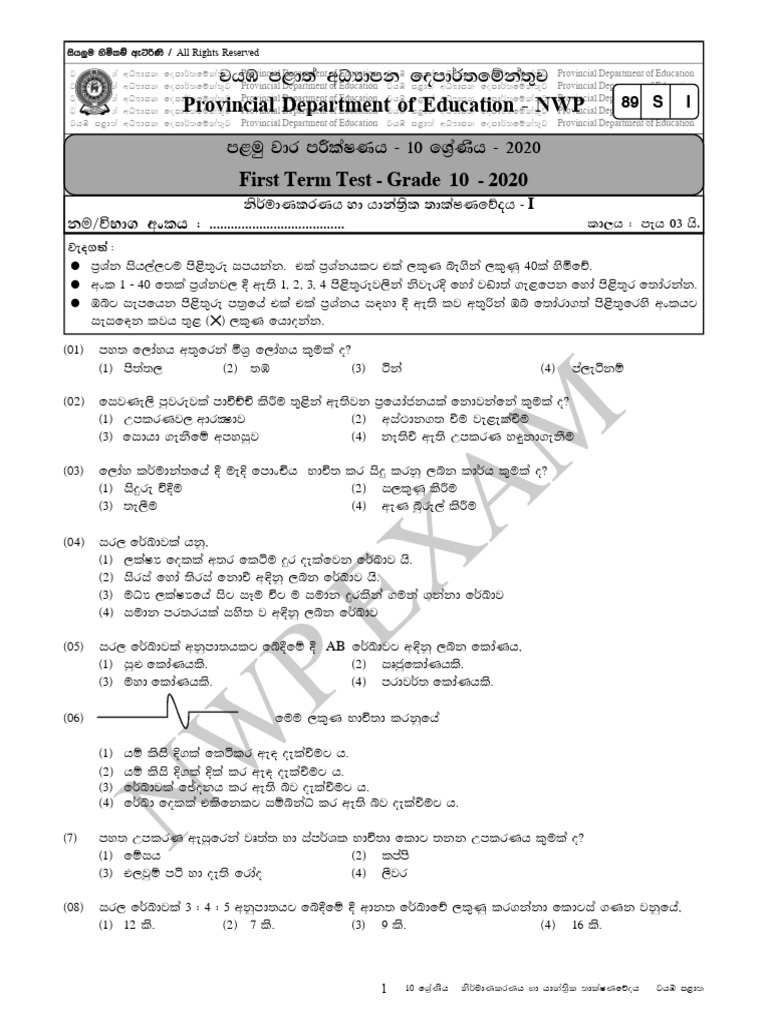 Grade 10 First Term Test Papers | PDF