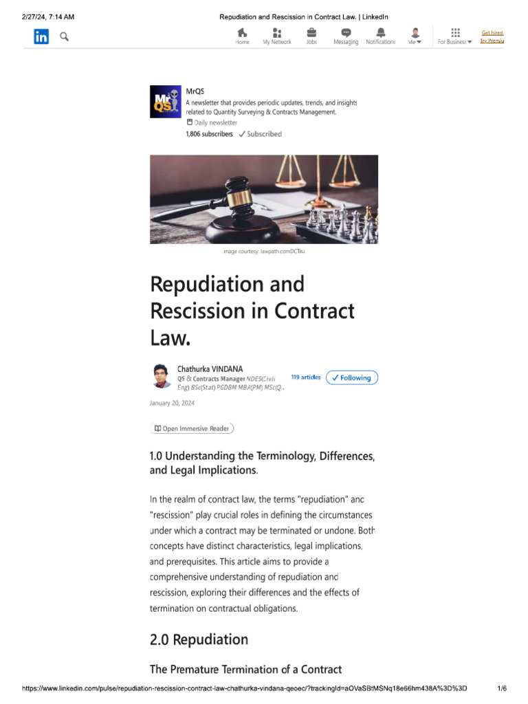 Repudiation and Rescission in Contract Law | PDF