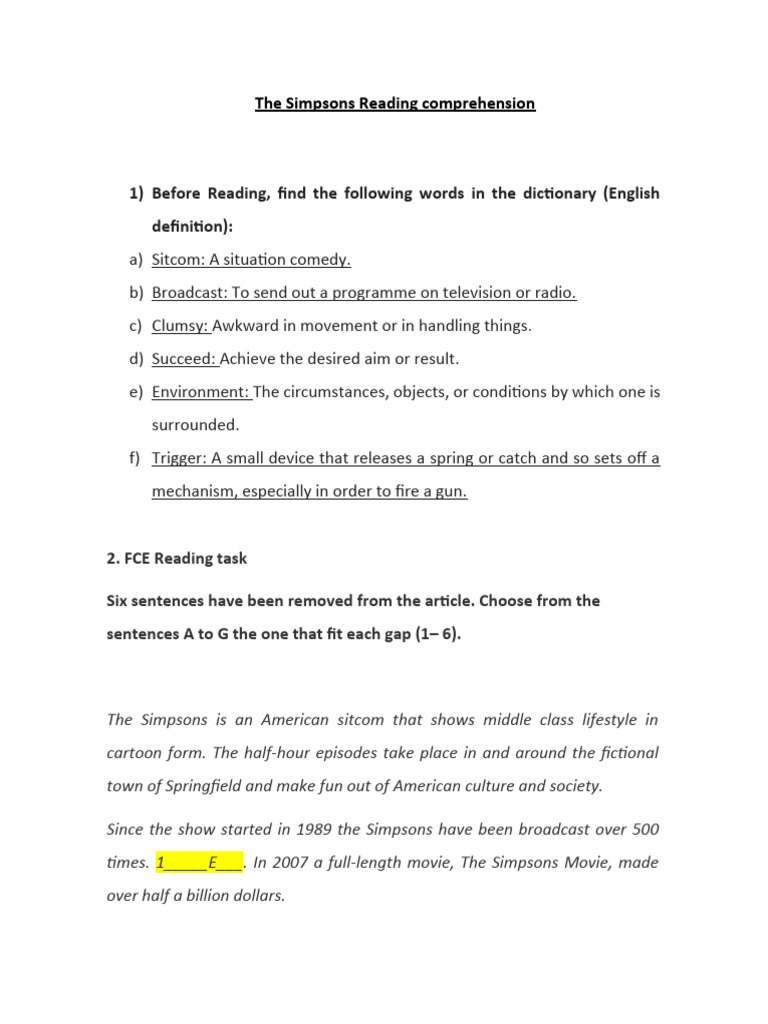 The Simpsons Reading Comprehension | PDF | The Simpsons | Bart Simpson