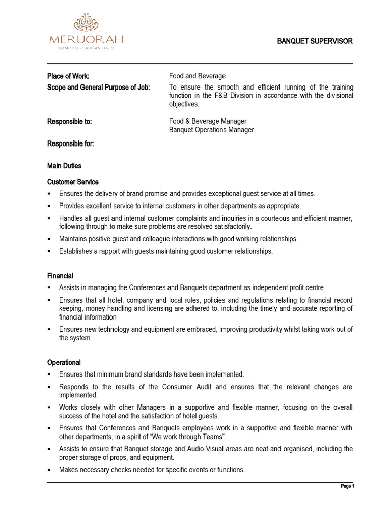 Banquet Supervisor Job Responsibilities | PDF