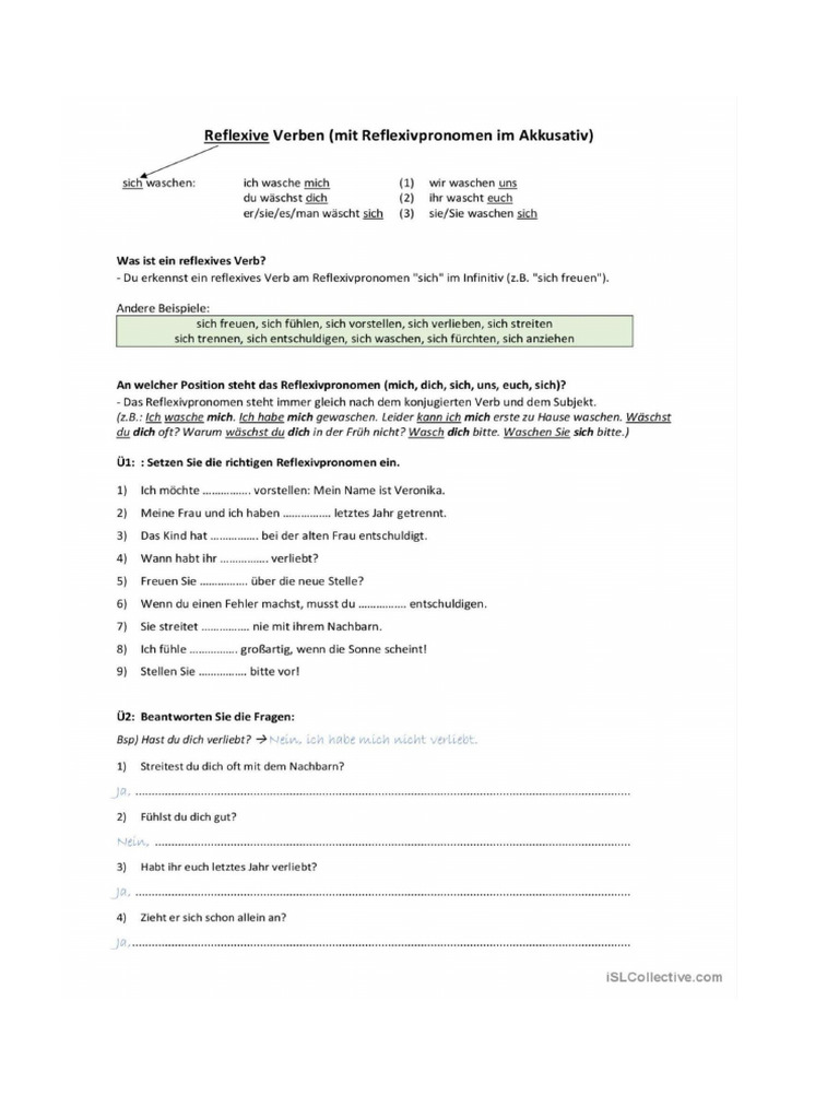 Reflexive Verben Mit Reflexivpronomen Im Akkusativ Arbeitsblatter Máº T