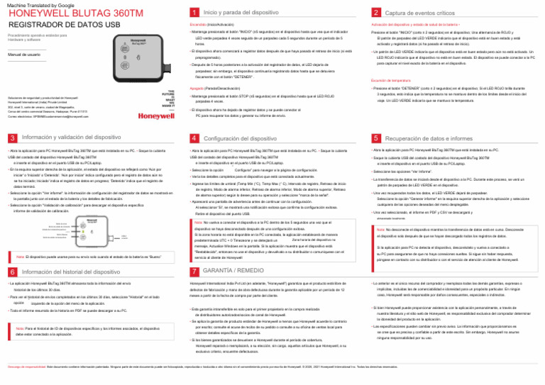 Manual de usuario Honeywell BluTag 360 | PDF | Diodo emisor de luz | USB