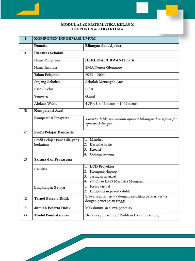 Modul Ajar Eksponen & Logaritma (1-3) | PDF