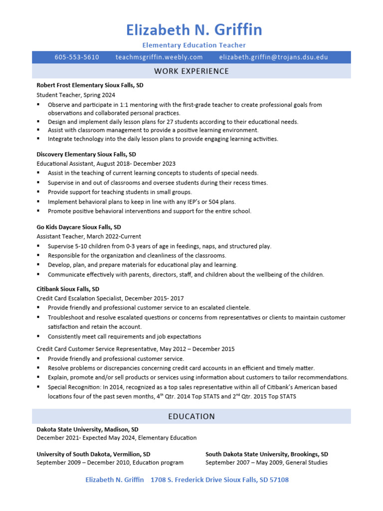 Elizabeth Griffin Resume | PDF | Teachers | Lesson Plan