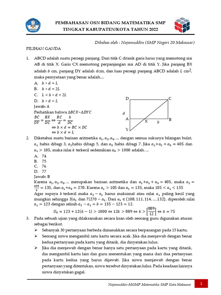Pembahasan OSK Matematika SMP 2022 | PDF