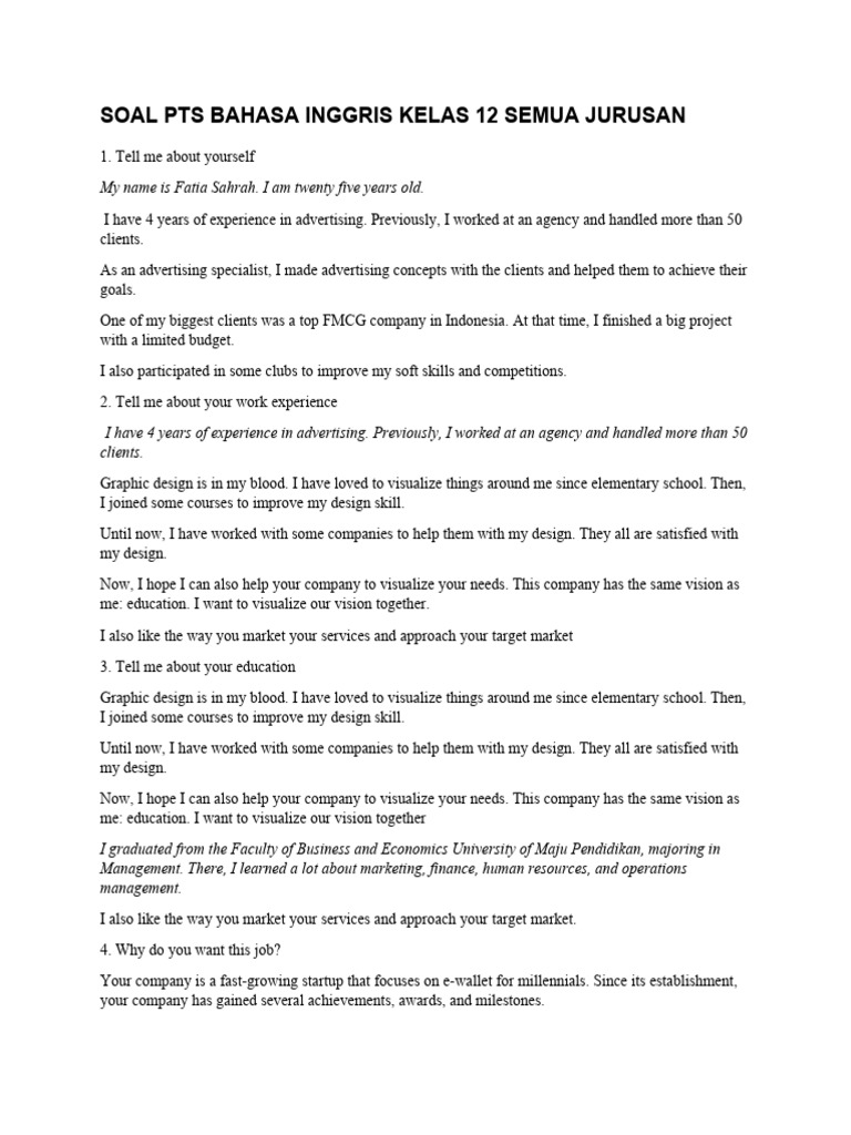 Soal PTS Bing Job Interview 12 T.P 2024 | PDF | Experience | Advertising