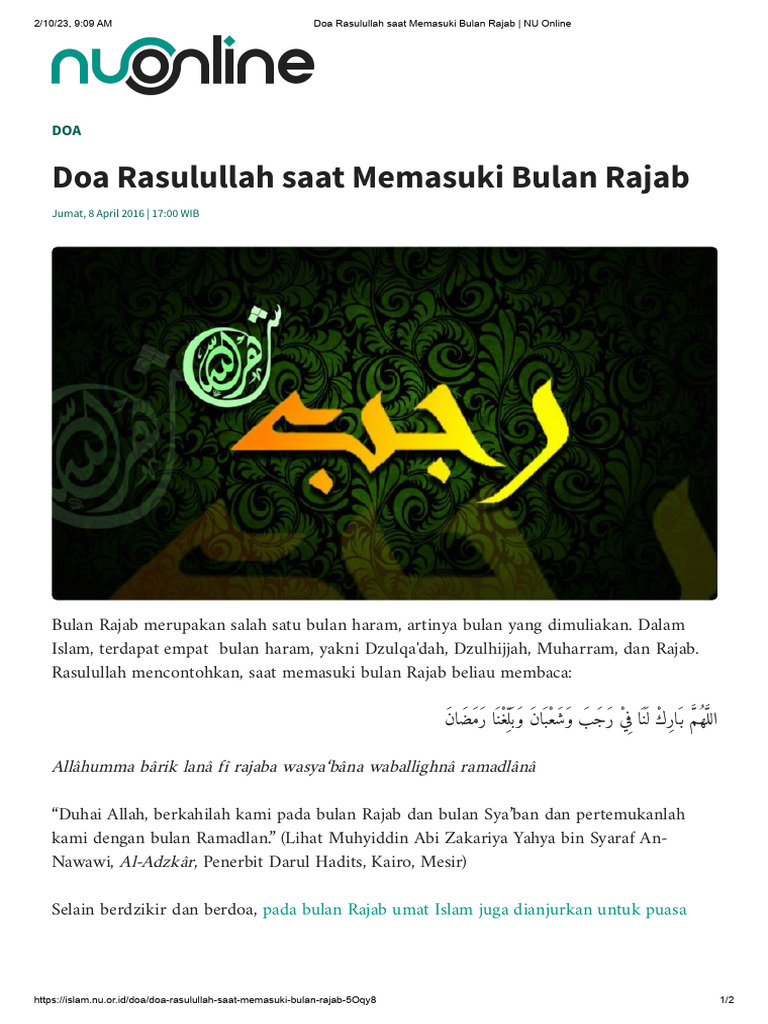 Doa Rasulullah Saat Memasuki Bulan Rajab - NU Online | PDF | Agama ...
