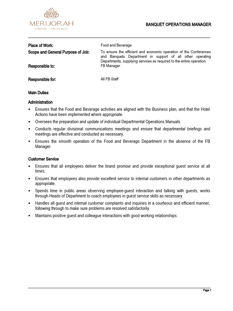 Banquet Operations Manager | PDF