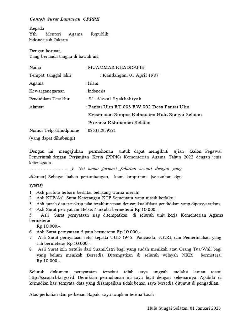 Contoh Surat Lamaran CPPPK | PDF