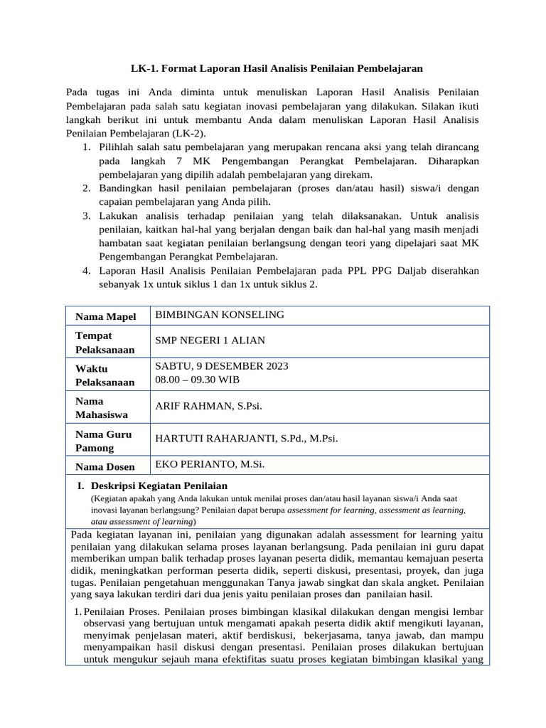 Format Hasil Asesmen pembelajaran-BK | PDF