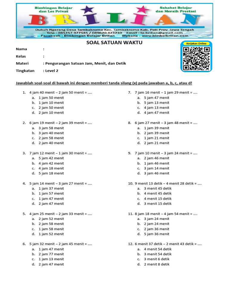 Soal Pengurangan Satuan Jam Level 2 Pdf