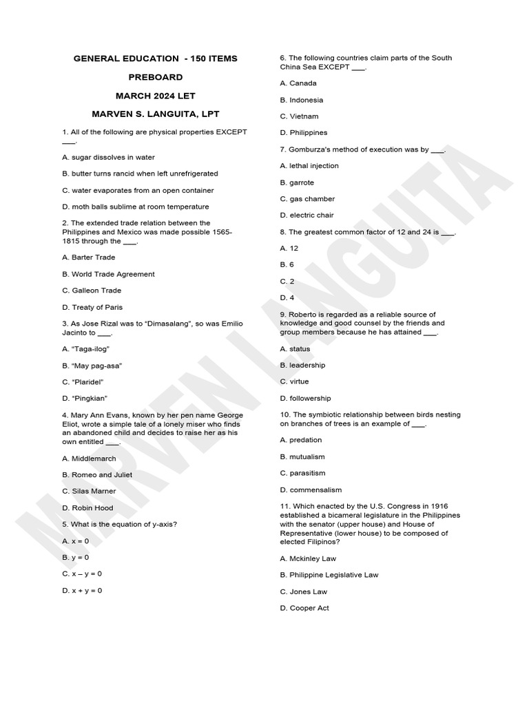 Gen Ed Mar 2024 Let Preboard | PDF