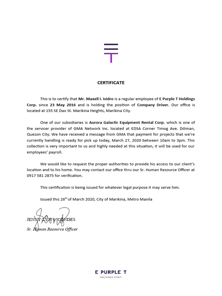 Certificate For Collection During COVID-19 | PDF | Finance & Money ...