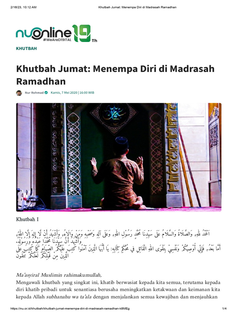 Khutbah Jumat - Menempa Diri Di Madrasah Ramadhan | PDF