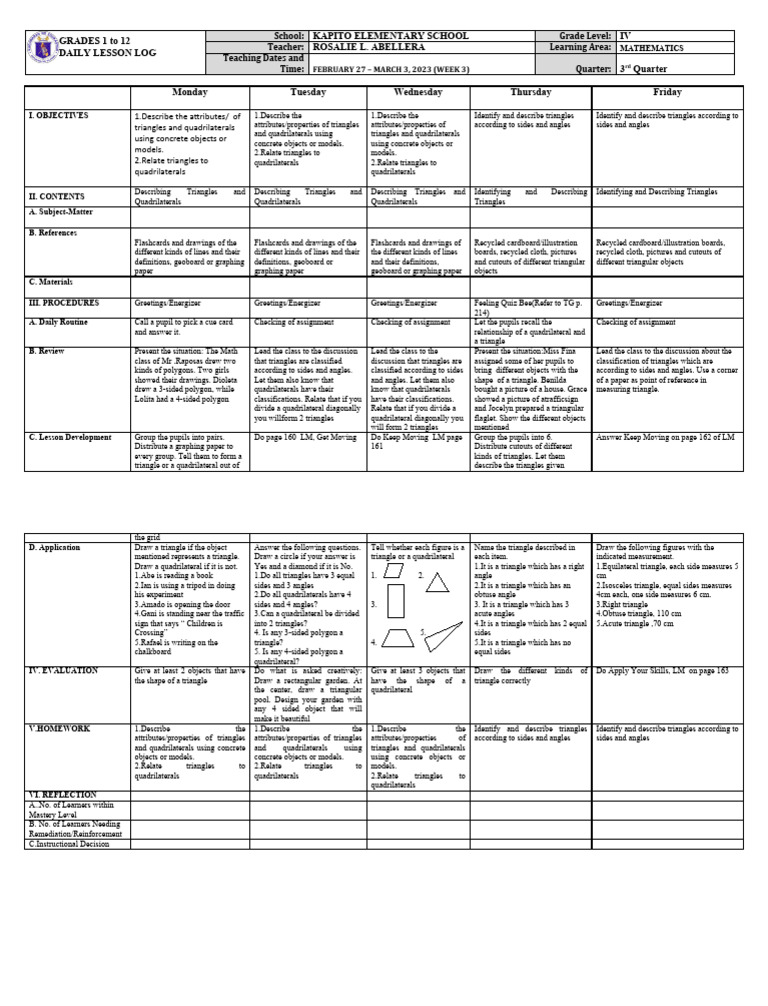 Grade 4 DLL MATH 4 Q3 Week 3 | PDF | Triangle | Shape