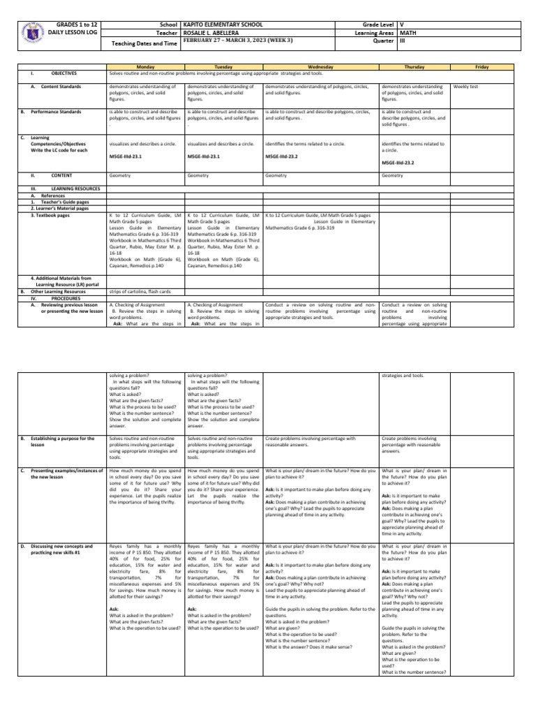 Grade 5 Math Lesson Plan: Geometry & Percentages | PDF | Mathematics ...