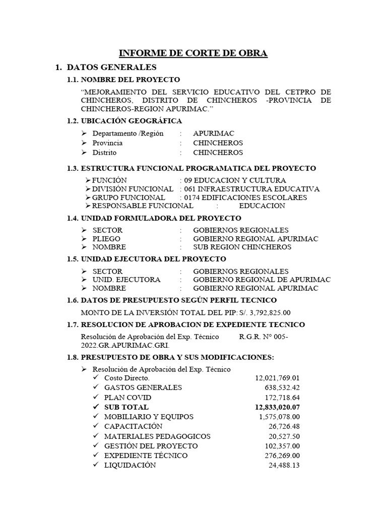 INFORME DE CORTE DE OBRA Cetpro | Descargar gratis PDF | Hormigón | Cemento