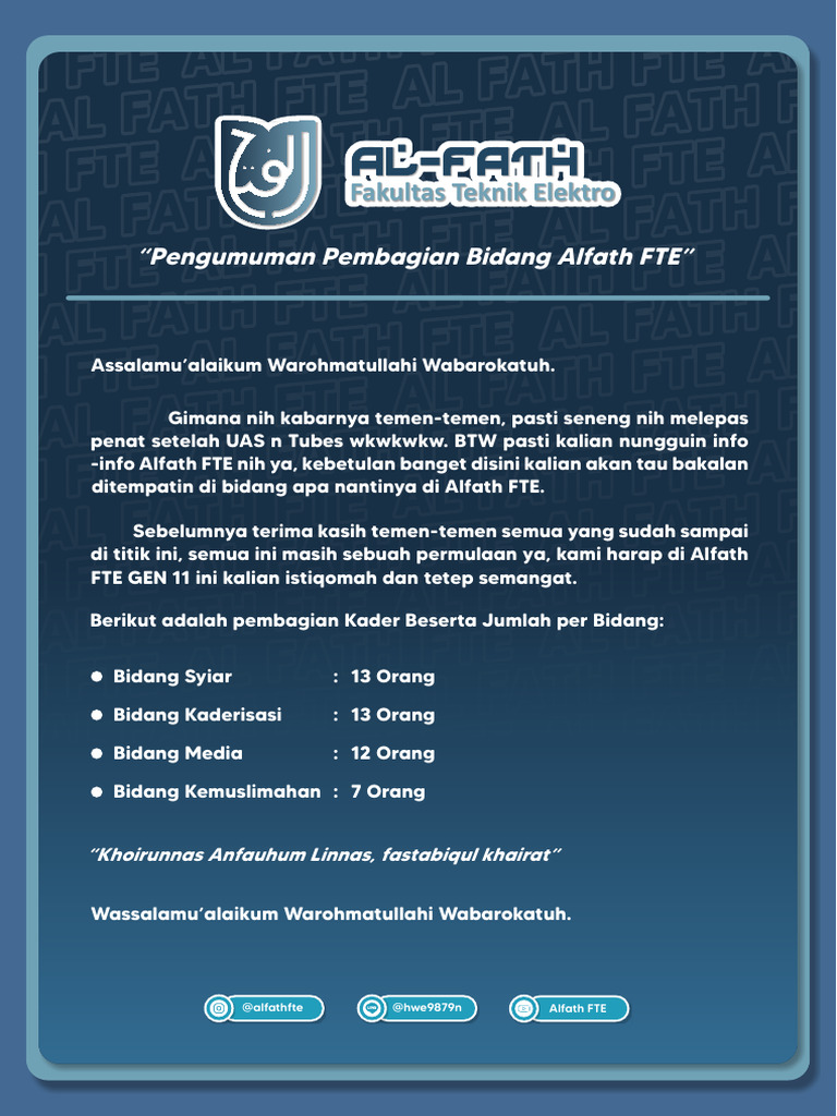 Pengumuman Pembagian Bidang Alfath FTE-2 | PDF