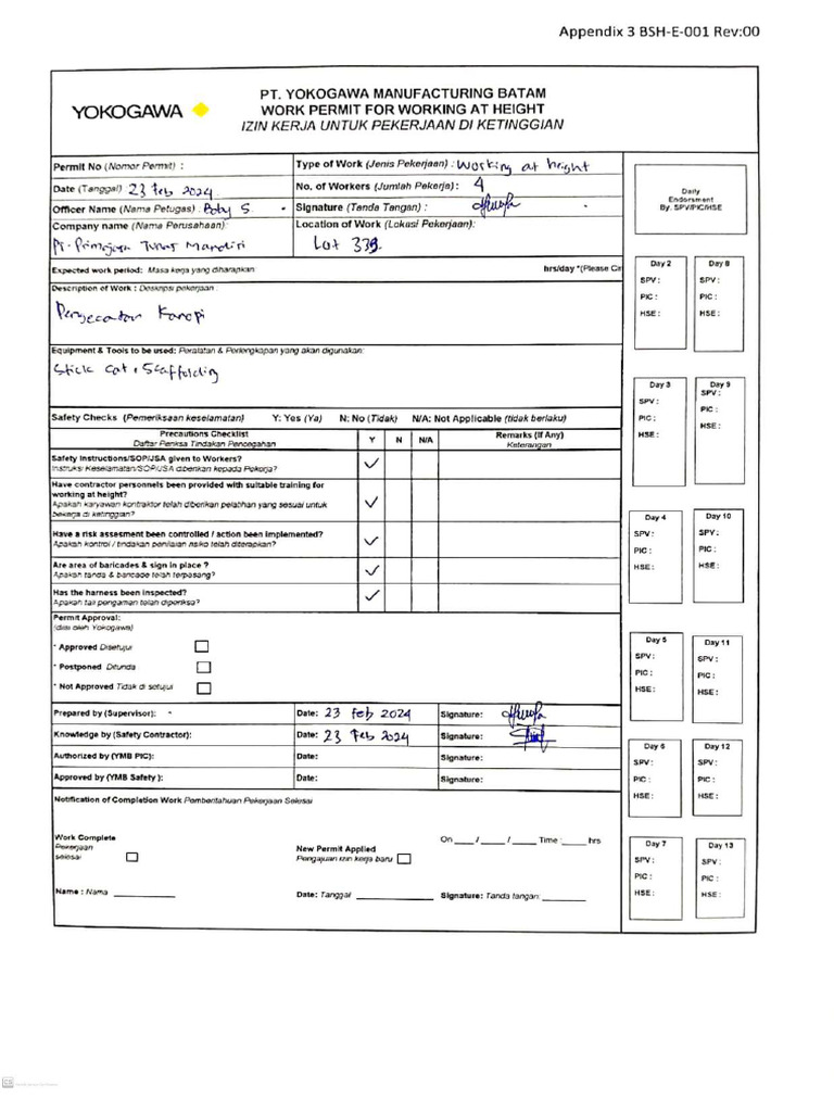 Appendix 01, 02, 03, 04 To BSH-E-001 Rev.00 (Permit Form) - Filled | PDF