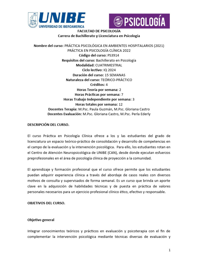 Programa Practica en Psicologia Clinica-2024 | PDF | Psicoterapia ... Programa Practica en Psicologia Clinica-2024 | PDF | Psicoterapia ...