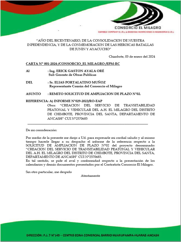 Carta N°001-2024 - Solicitud de Ampliacion de Plazo N°02 | PDF
