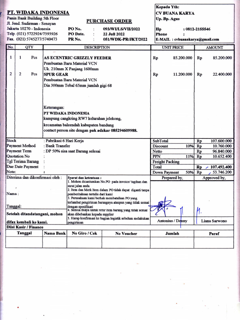 Purchase Order PT. Widaka Indonesia | PDF