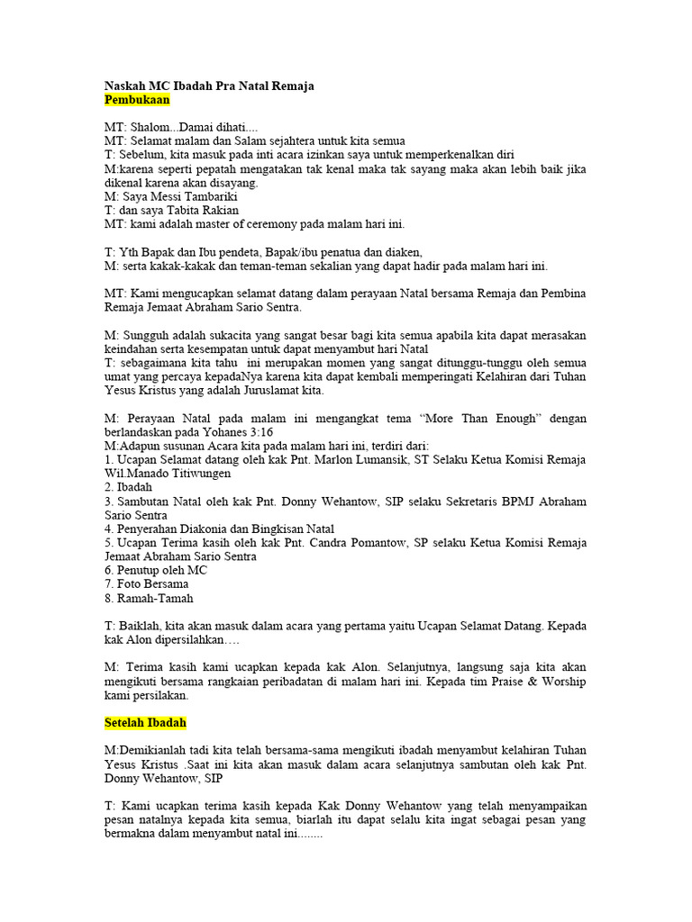 Naskah MC Ibadah Pra Natal Remaja | PDF | Agama & Spiritualitas