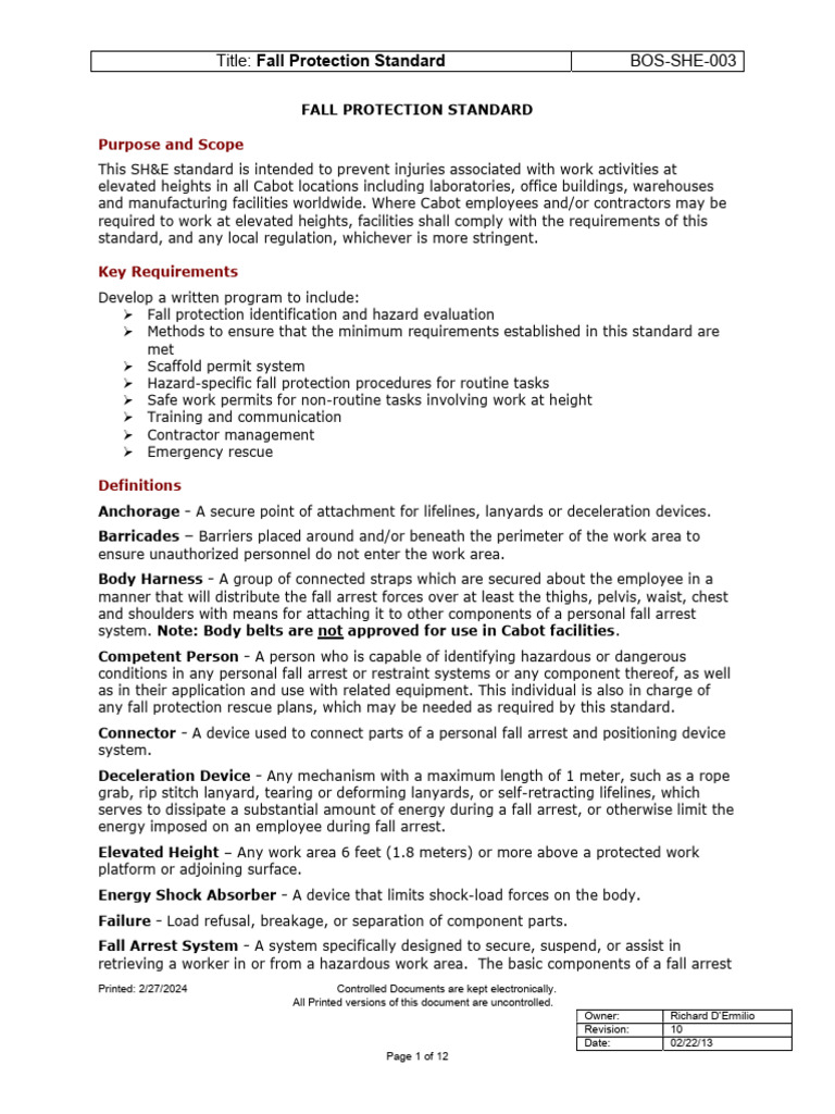 BOS-SHE-003 Fall Protection Standard | PDF | Scaffolding | Ladder
