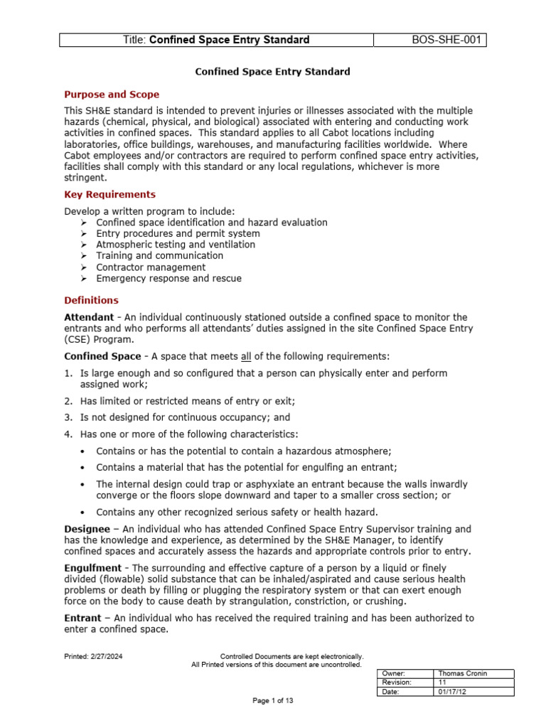 BOS-SHE-001 Confined Space Entry Standard | PDF | Ventilation ...