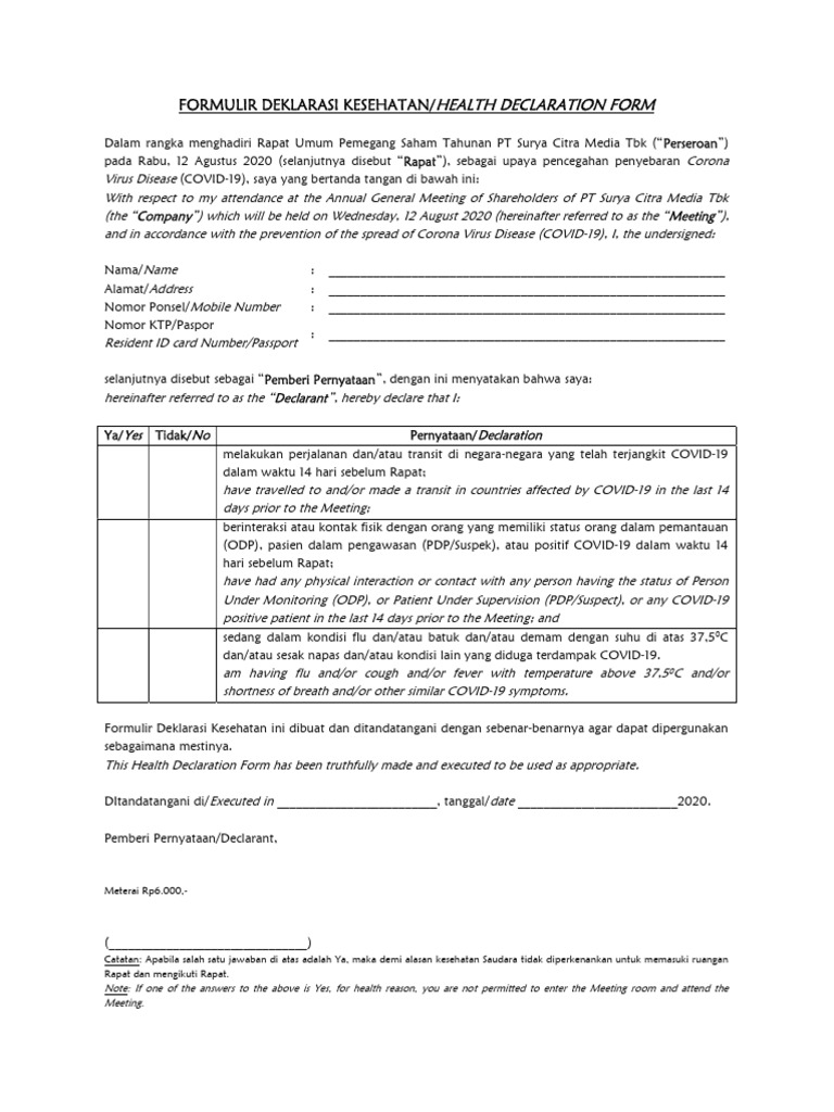 Formulir Deklarasi Kesehatan Rapat | PDF | Bisnis