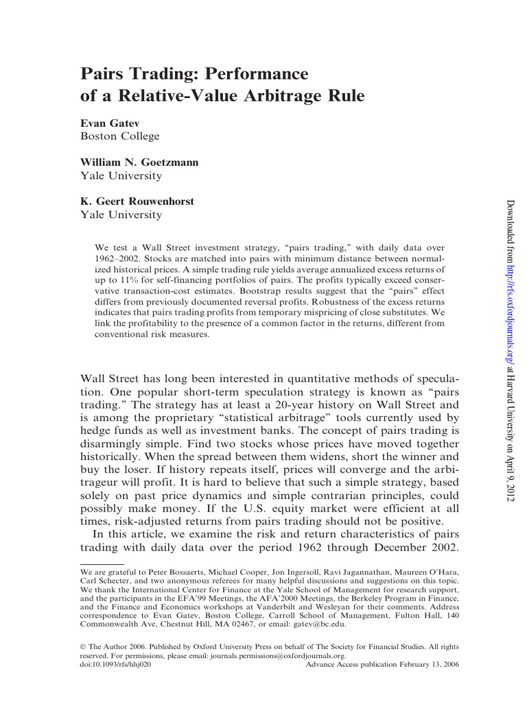 Pairs Trading - Performance of A Relative-Value Arbitrage Rule | PDF ...