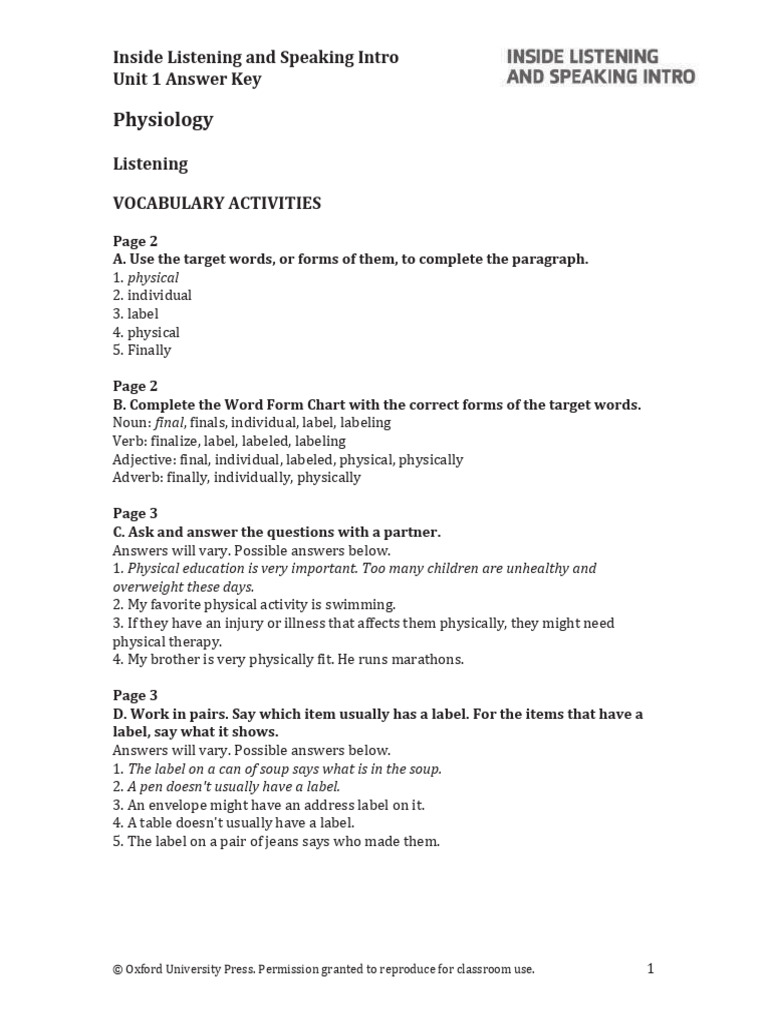 Physiology: Inside Listening and Speaking Intro Unit 1 Answer Key | PDF | Linguistic Morphology ...