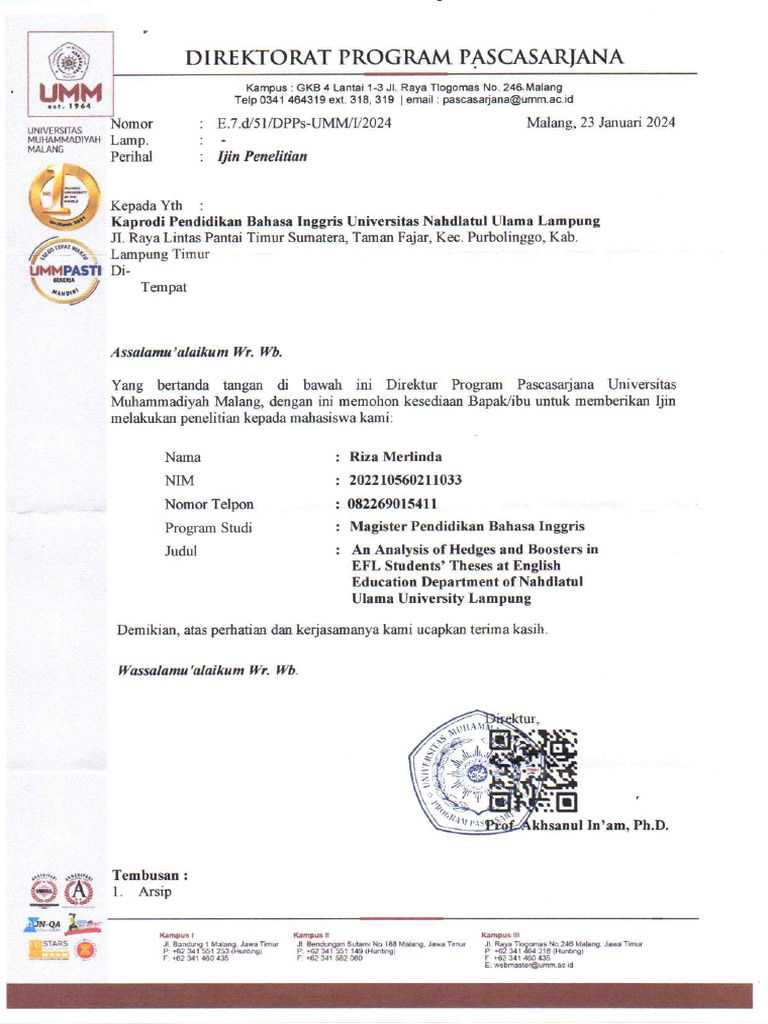 Surat Ijin Penelitian Um Malang Untuk Unu Lampung | PDF