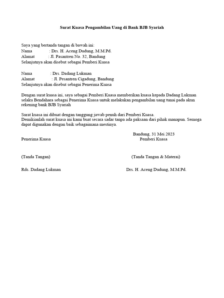 Surat Kuasa Ambil Uang di Bank BJB | PDF