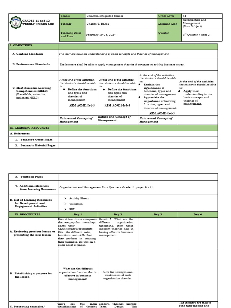 Weekly Lesson Log: Org & Management 11-12 | PDF