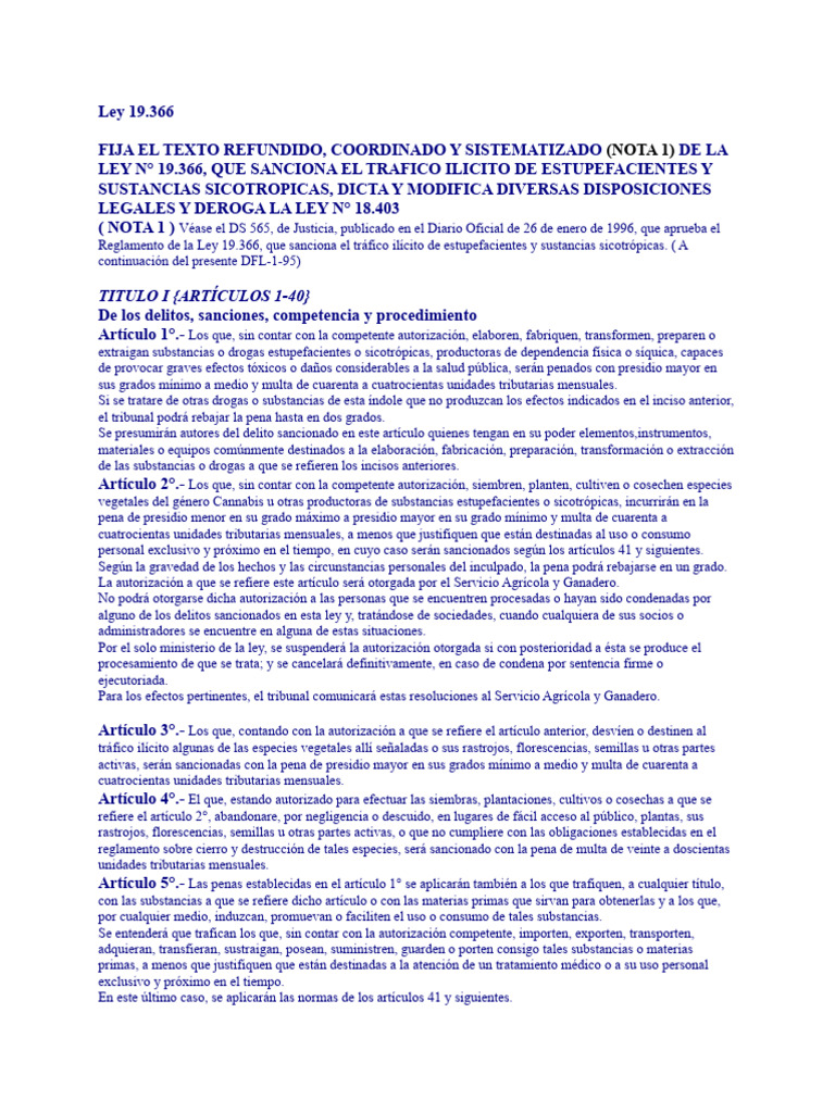 Ley 19366 Sobre Tráfico Ilícito de Sustancia Estupefaciente | PDF ...