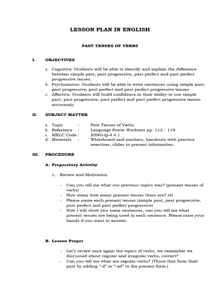 Lesson Plan in English - Past Tenses of Verbs | PDF | Grammatical Tense ...
